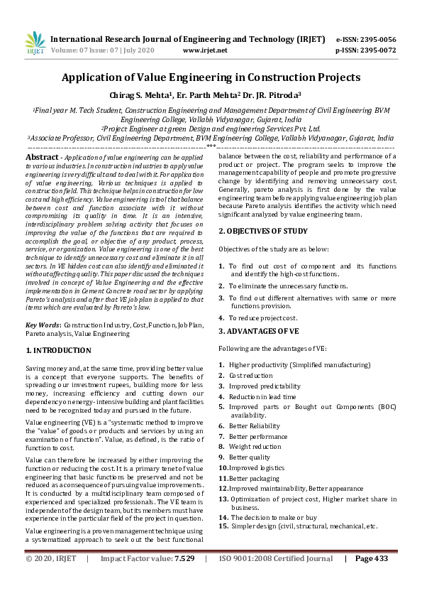 Pdf Irjet Application Of Value Engineering In Construction Projects