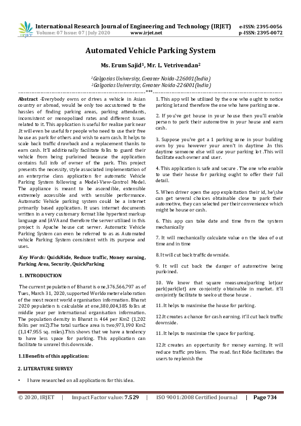 (PDF) IRJET- Automated Vehicle Parking System