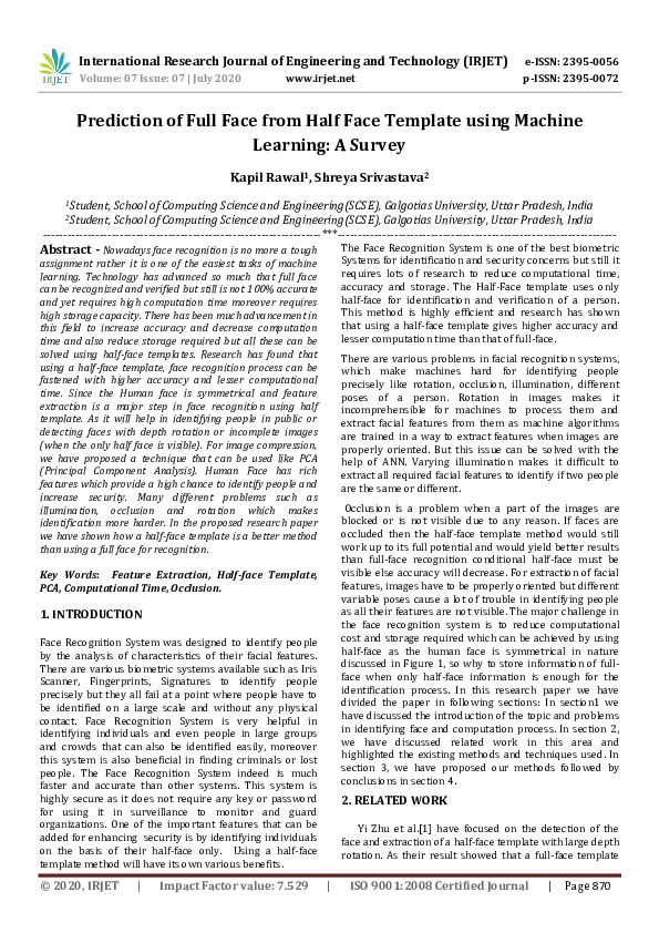 (PDF) IRJET-Prediction of Full Face from Half Face Template using ...