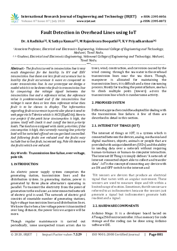 Pdf Irjet Fault Detection In Overhead Lines Using Iot