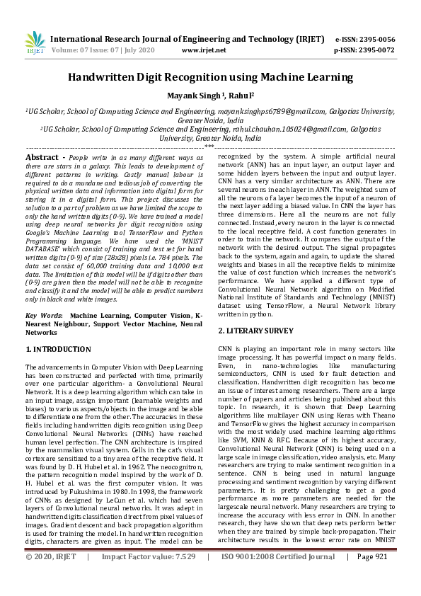(PDF) IRJET- Handwritten Digit Recognition using Machine Learning