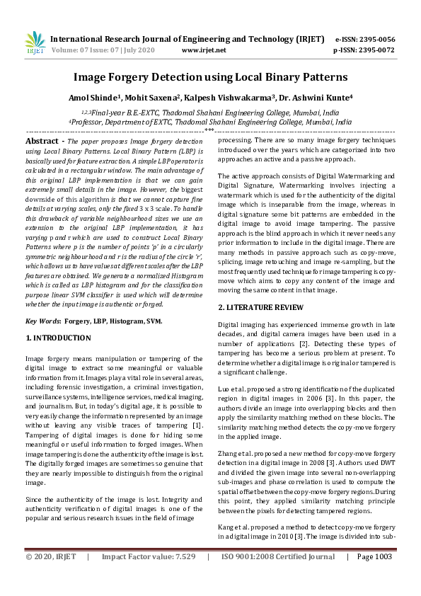 Pdf Irjet Image Forgery Detection Using Local Binary Patterns Irjet Journal