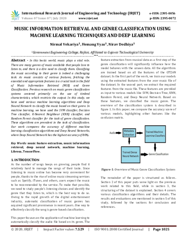 (PDF) IRJET- MUSIC INFORMATION RETRIEVAL AND GENRE CLASSIFICATION USING ...