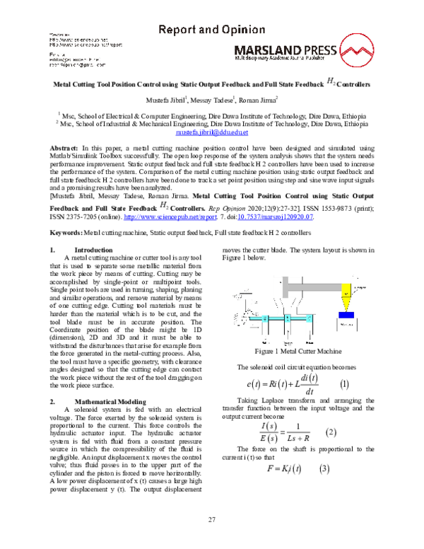 (PDF) Metal Cutting Tool Position Control using Static Output Feedback and Full State Feedback H ...