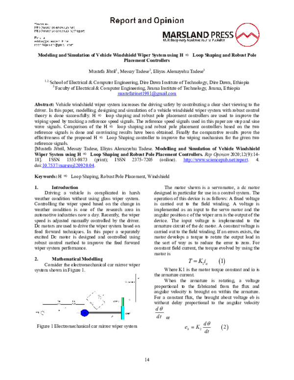 Pdf Modeling And Simulation Of Vehicle Windshield Wiper System Using H Infinity Loop Shaping 