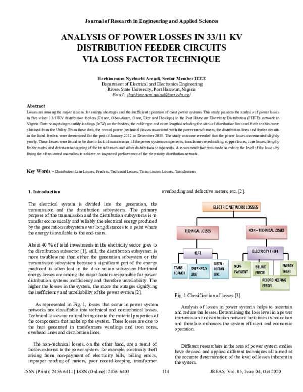 Pdf Analysis Of Power Losses In 33 11 Kv Distribution Feeder Circuits Via Loss Factor Technique