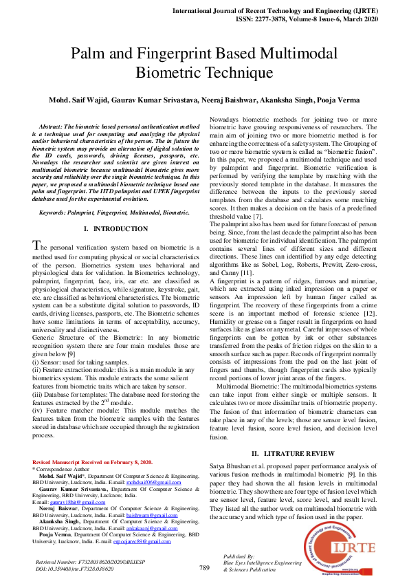 (PDF) Palm and Fingerprint Based Multimodal Biometric Technique