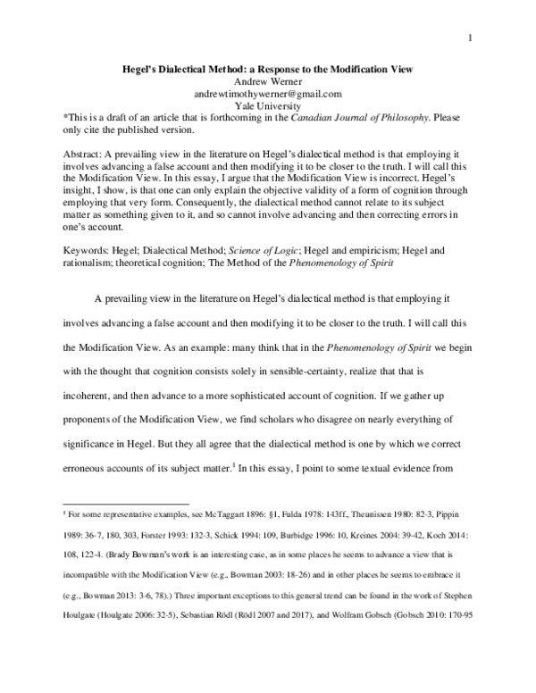 (PDF) Hegel's Dialectical Method: a Response to the Modification View