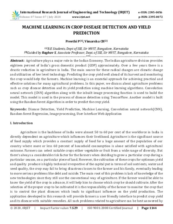 (PDF) MACHINE LEARNING IN CROP DISEASE DETECTION AND YIELD PREDICTION