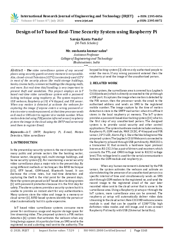 Pdf Irjet Design Of Iot Based Real Time Security System Using Raspberry Pi