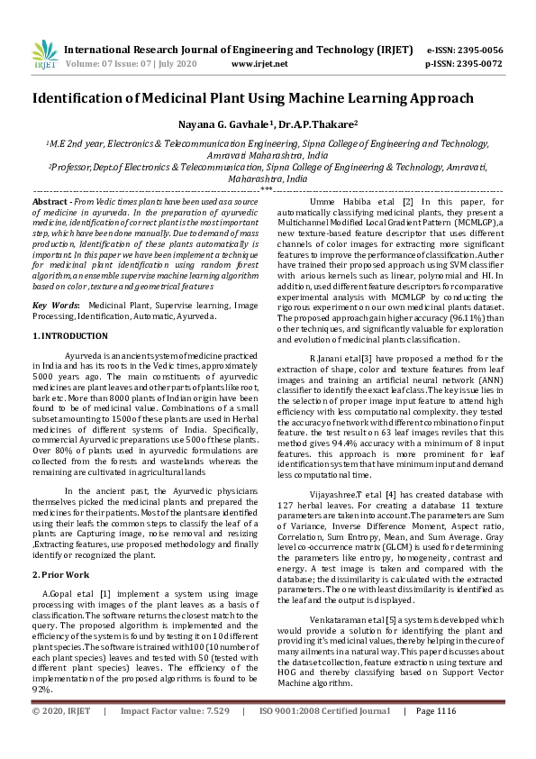 Pdf Irjet Identification Of Medicinal Plant Using Machine Learning Approach