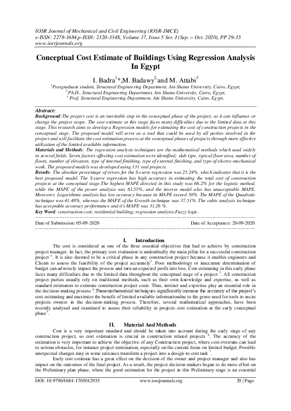 Pdf Conceptual Cost Estimate Of Buildings Using Regression Analysis In Egypt