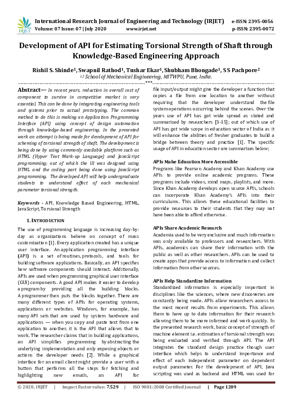 (PDF) IRJET- Development of API for Estimating Torsional Strength of Shaft Through Knowledge ...