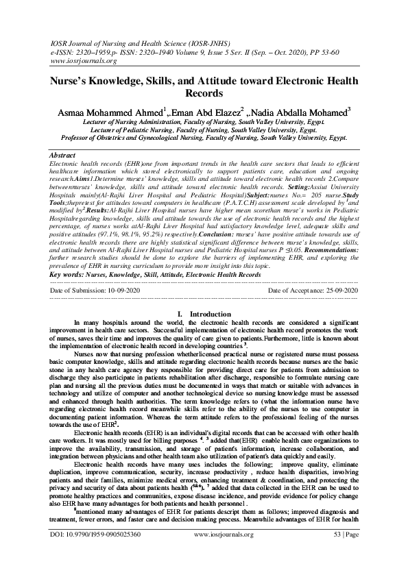 Pdf Nurse S Knowledge Skills And Attitude Toward Electronic Health