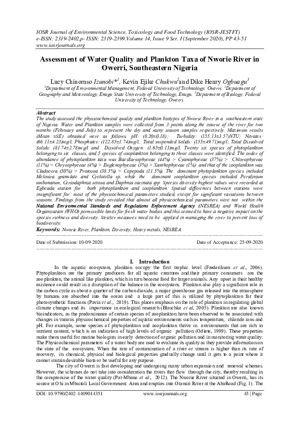 (PDF) Assessment of Water Quality and Plankton Taxa of Nworie River in ...