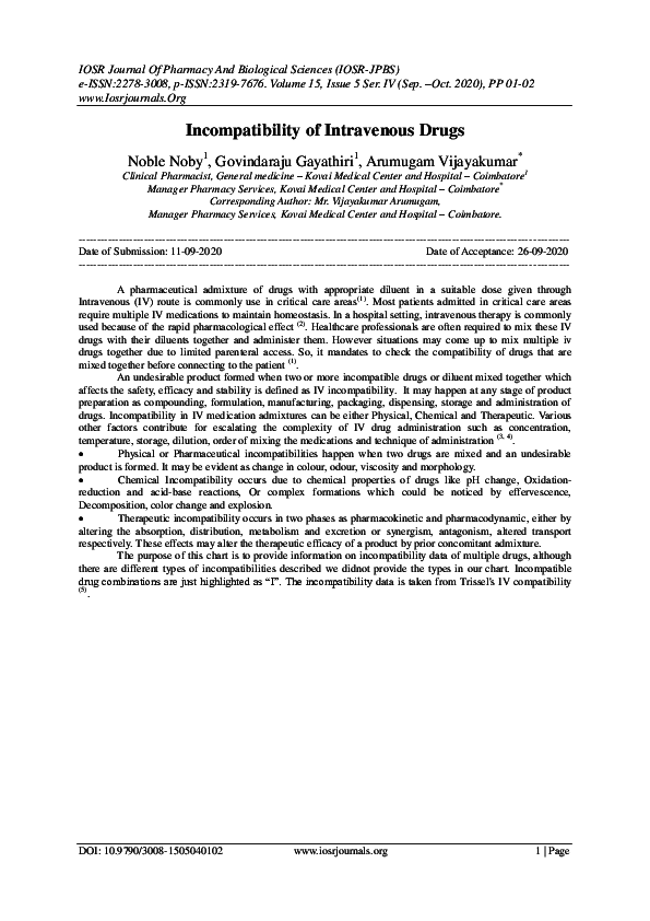 (PDF) Incompatibility of Intravenous Drugs