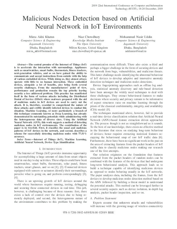 (PDF) Malicious Nodes Detection based on Artificial Neural Network in IoT Environments