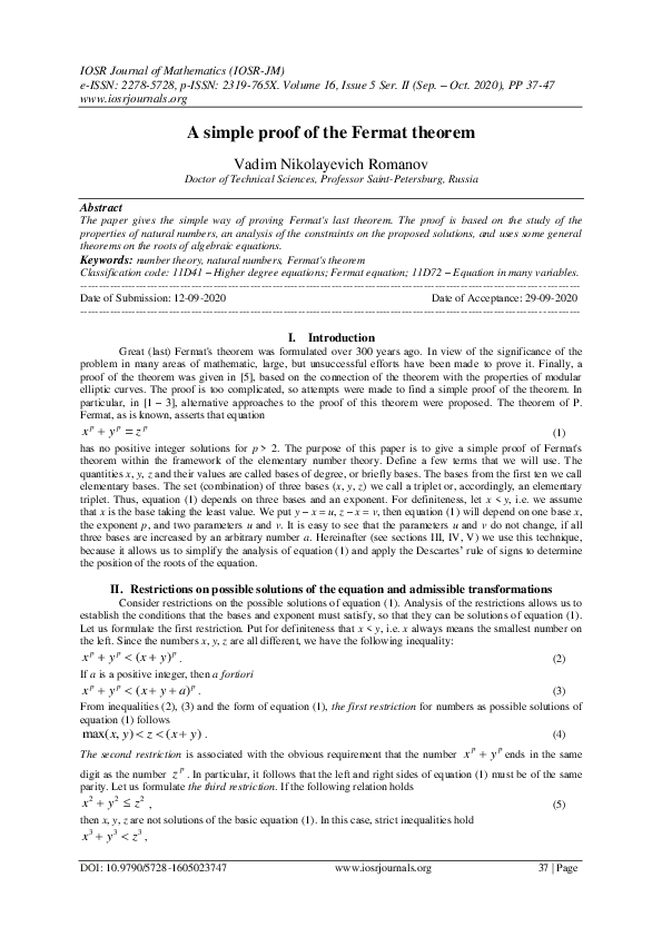 (PDF) A simple proof of the Fermat theorem | IOSR Journals - Academia.edu