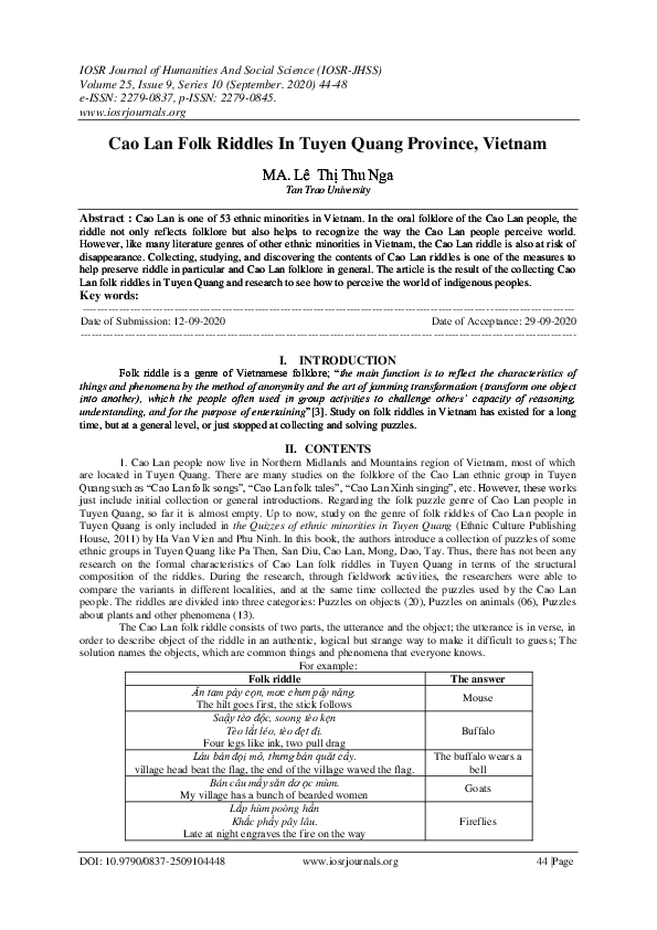 (PDF) Cao Lan Folk Riddles In Tuyen Quang Province, Vietnam