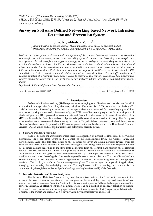 Pdf Survey On Software Defined Networking Based Network Intrusion Detection And Prevention