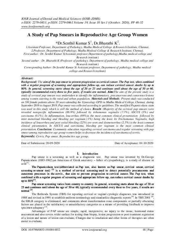 (PDF) A Study of Pap Smears in Reproductive Age Group Women