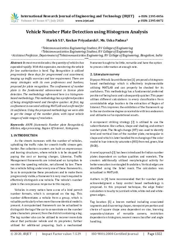 Pdf Irjet Vehicle Number Plate Detection Using Histogram Analysis