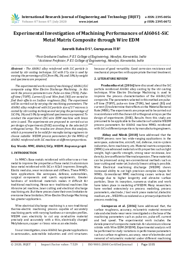 (PDF) IRJET- Experimental Investigation of Machining Performances of Al6061-SiC Metal Matrix ...