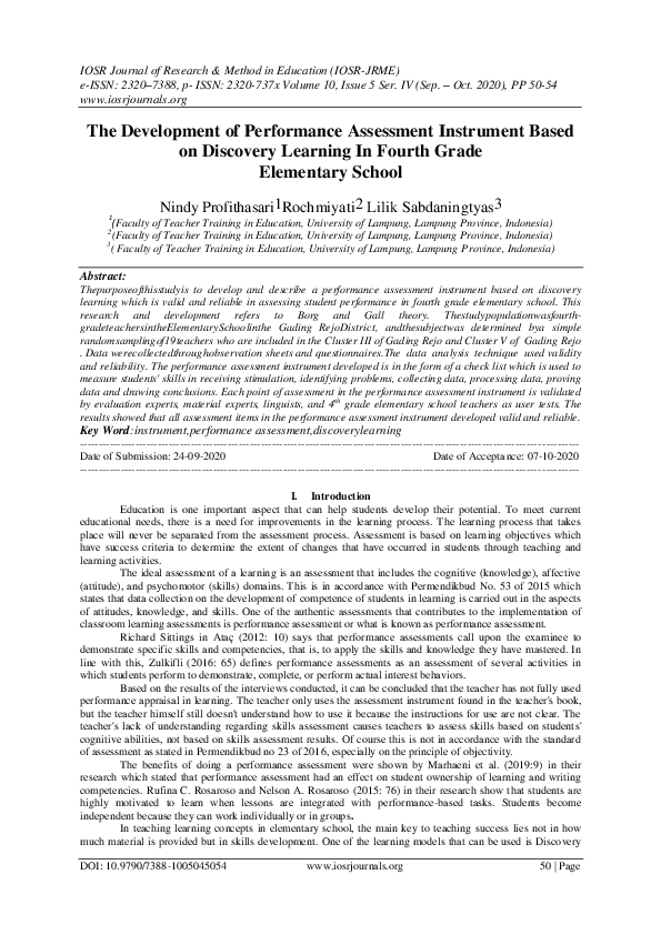 (PDF) The Development of Performance Assessment Instrument Based on Discovery Learning In Fourth ...