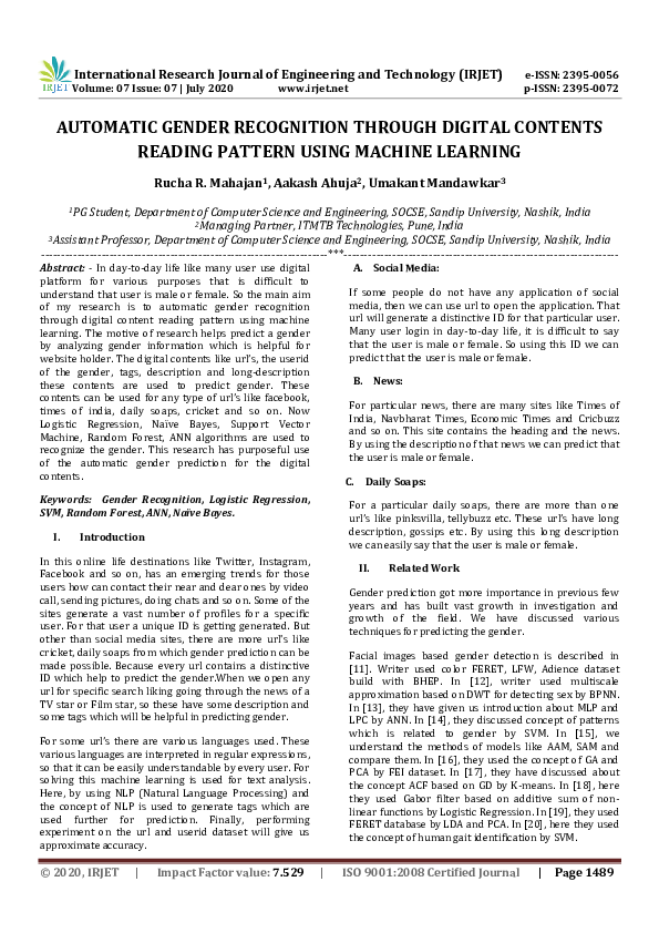 (PDF) AUTOMATIC GENDER RECOGNITION THROUGH DIGITAL CONTENTS READING PATTERN USING MACHINE LEARNING