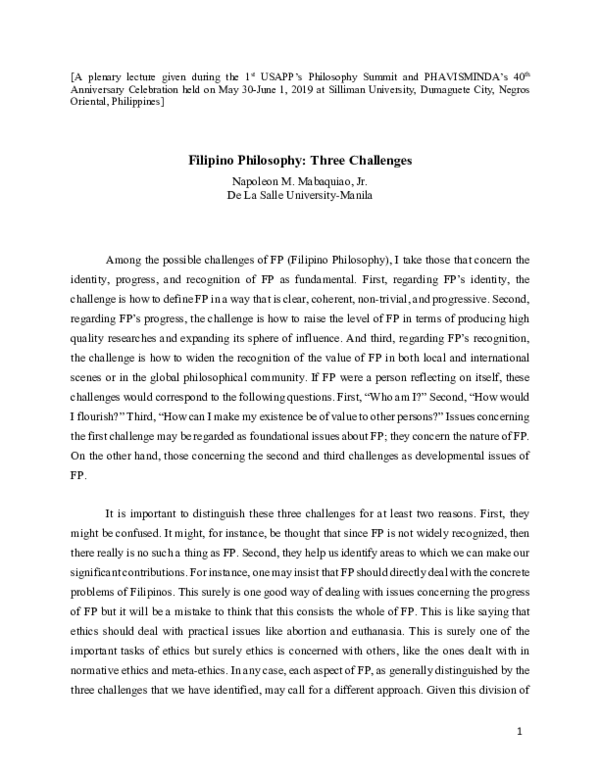 (PDF) Filipino Philosophy: Three Challenges (Lecture)