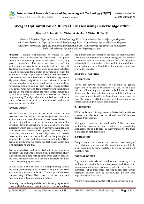 Pdf Irjet Weight Optimization Of 3d Steel Trusses Using Genetic Algorithm Irjet Journal