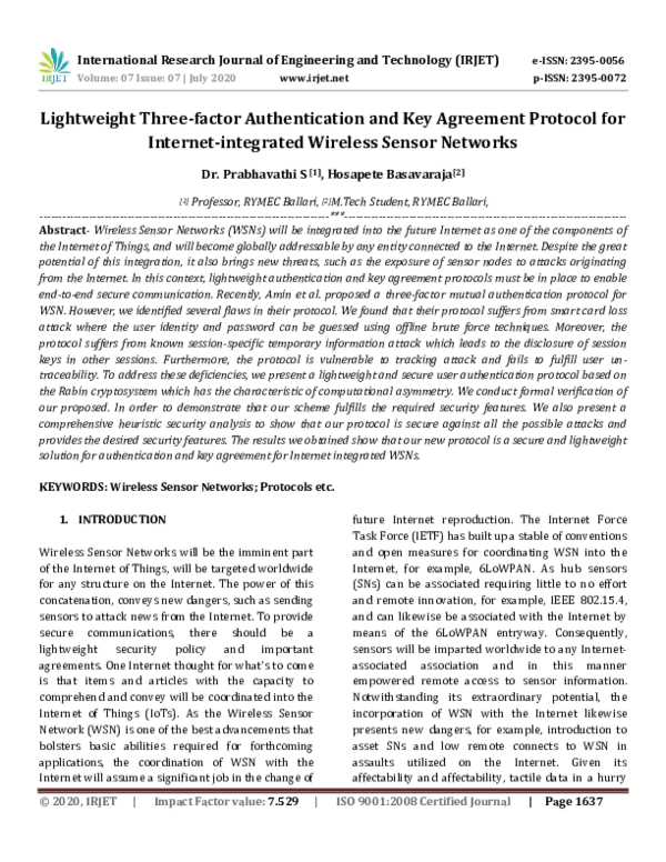 (PDF) IRJET- Lightweight Three-factor Authentication and Key Agreement Protocol for Internet ...