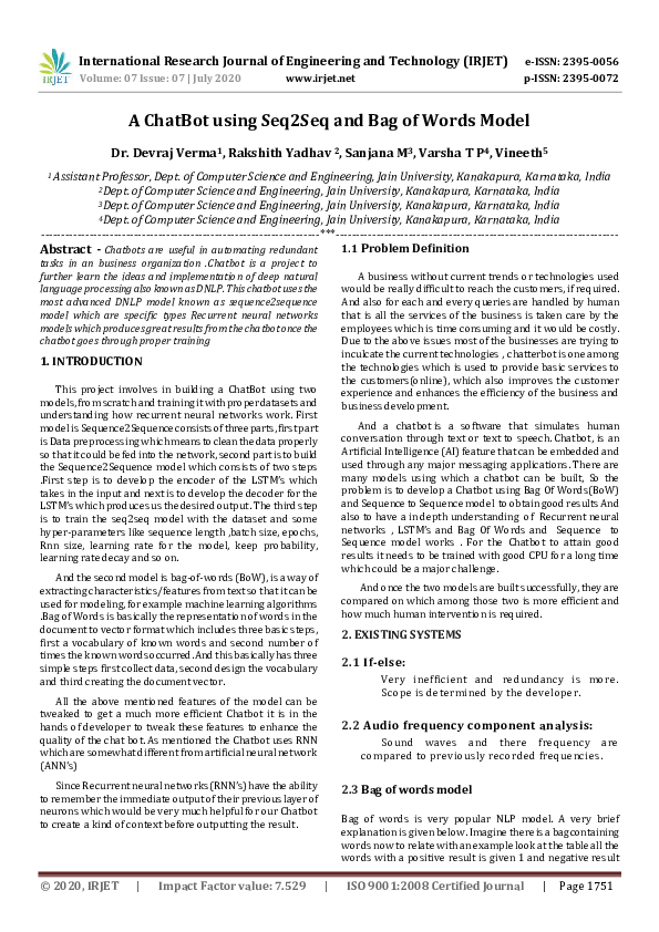 (PDF) IRJET- A ChatBot using Seq2Seq and Bag of Words Model
