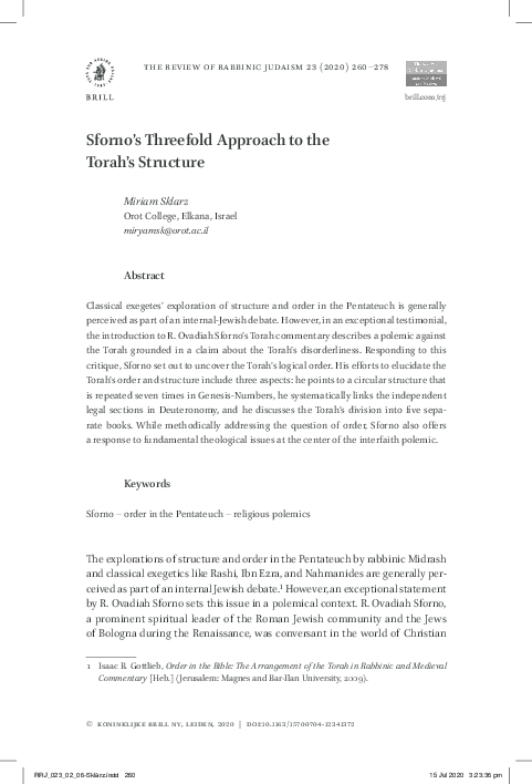 (PDF) Sforno's Threefold Approach to the Torah's Structure