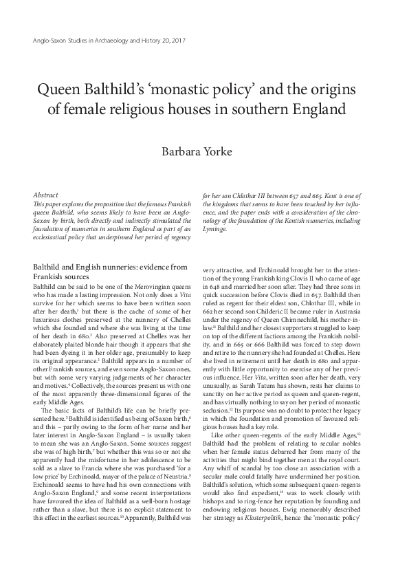 (PDF) Queen Balthild's monastic policy and origins of female religious ...