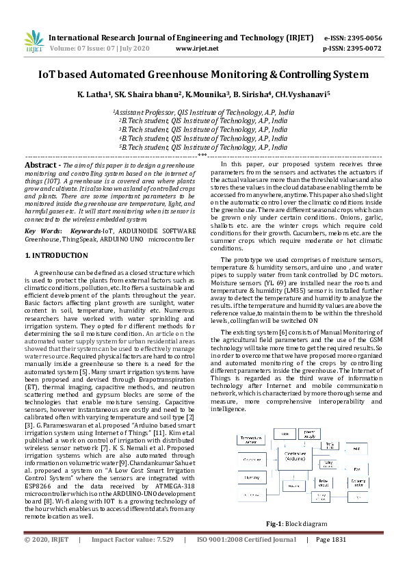 Pdf Irjet Iot Based Automated Greenhouse Monitoring And Controlling System