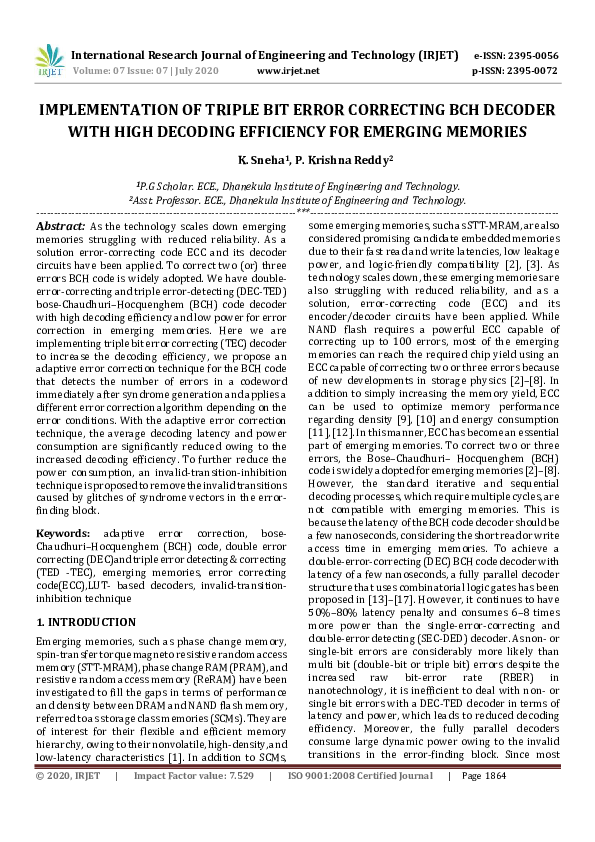 Pdf Irjet Implementation Of Triple Bit Error Correcting Bch Decoder With High Decoding