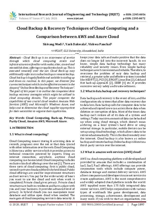 (PDF) IRJET-Cloud Backup & Recovery Techniques of Cloud Computing and a Comparison between AWS ...