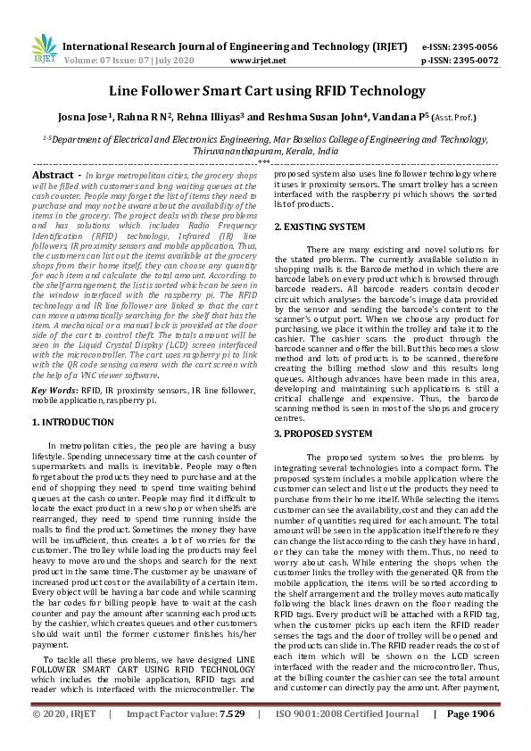 (PDF) IRJET- Line Follower Smart Cart using RFID Technology