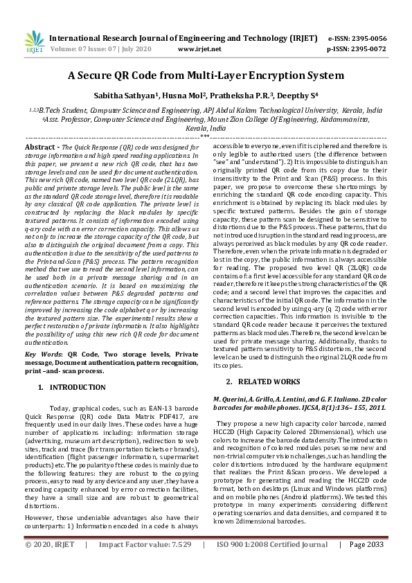 Pdf Irjet A Secure Qr Code From Multi Layer Encryption System