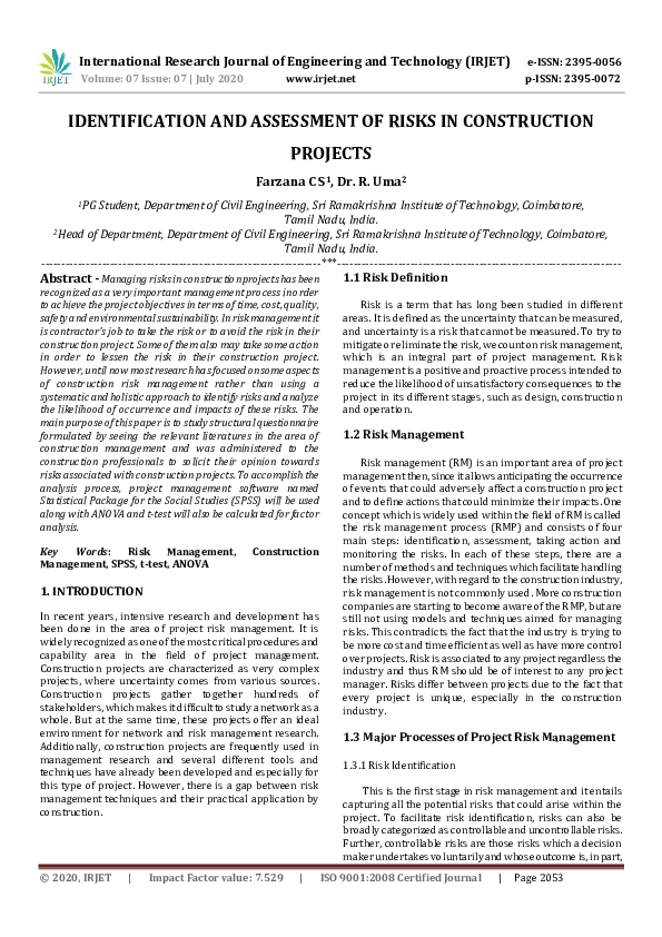 (PDF) IRJET-Identification and Assessment of Risks in Construction Projects
