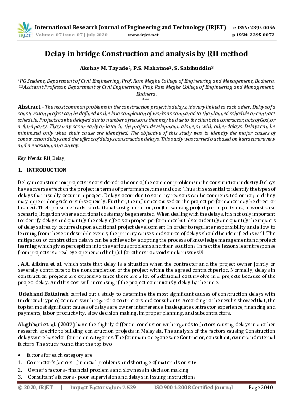 Pdf Irjet Delay In Bridge Construction And Analysis By Rii Method