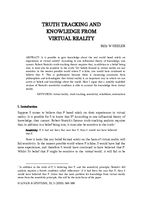 (PDF) Truth Tracking and Knowledge from Virtual Reality