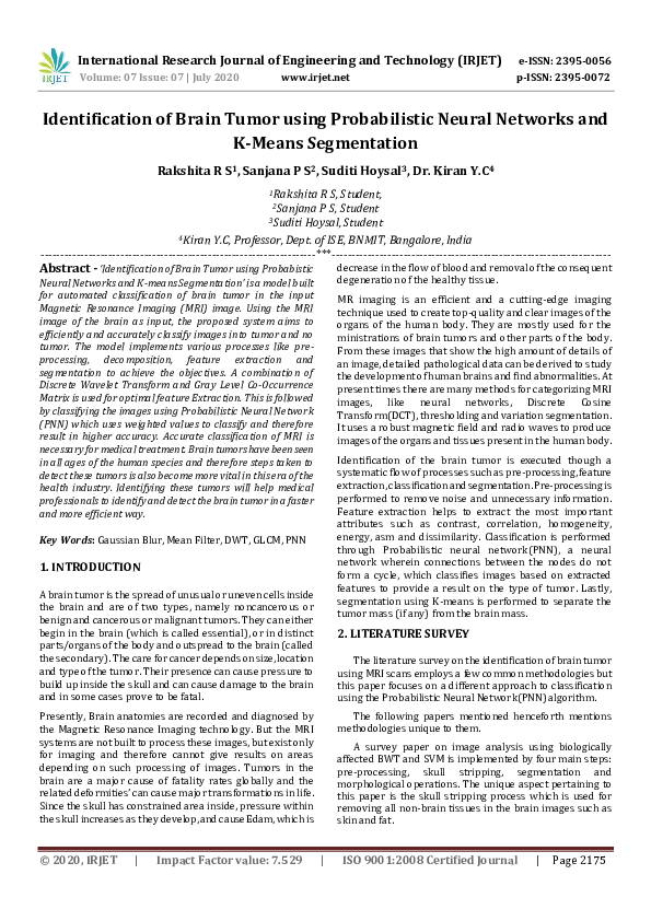 (PDF) IRJET- Identification of Brain Tumor using Probabilistic Neural Networks and K-Means ...