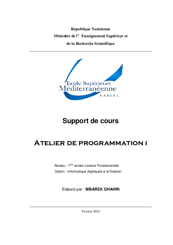 (PDF) Atelier de programmation i