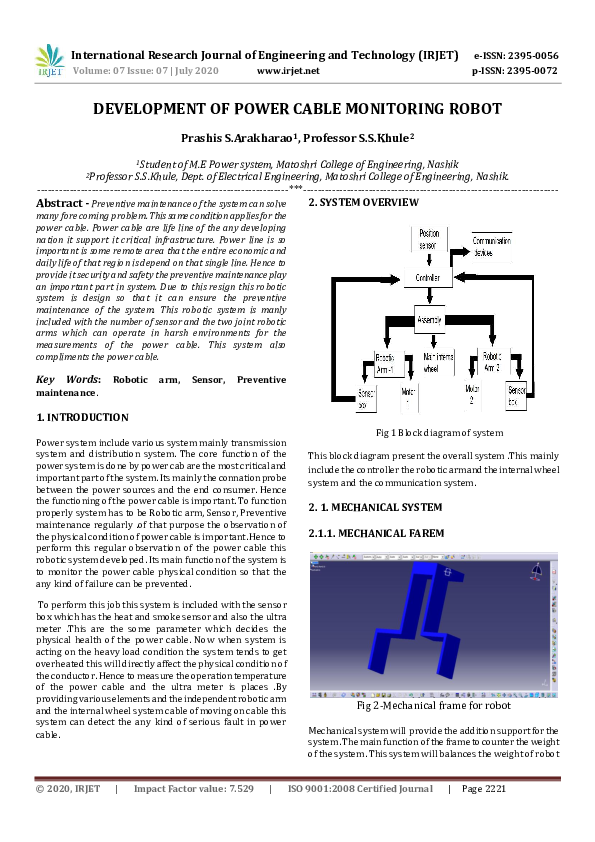 Pdf Irjet Development Of Power Cable Monitoring Robot Irjet Journal