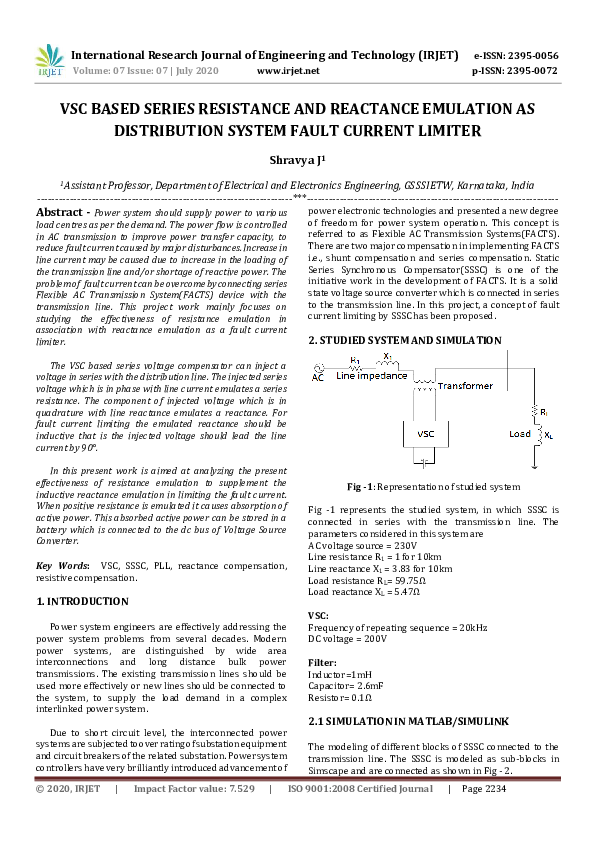 (PDF) IRJET- VSC BASED SERIES RESISTANCE AND REACTANCE EMULATION AS DISTRIBUTION SYSTEM FAULT ...