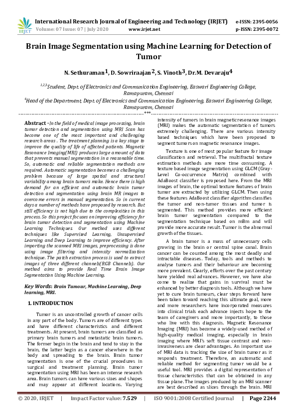(PDF) IRJET- Brain Image Segmentation using Machine Learning for Detection of Tumor
