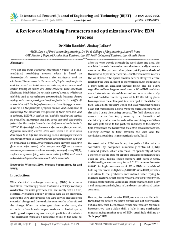 Pdf Irjet A Review On Machining Parameters And Optimization Of Wire