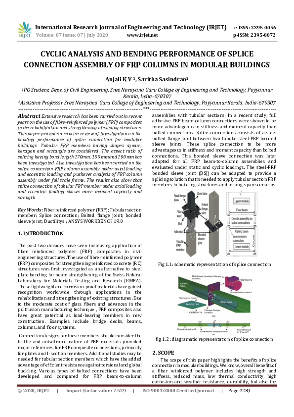 (PDF) IRJET- CYCLIC ANALYSIS AND BENDING PERFORMANCE OF SPLICE CONNECTION ASSEMBLY OF FRP ...